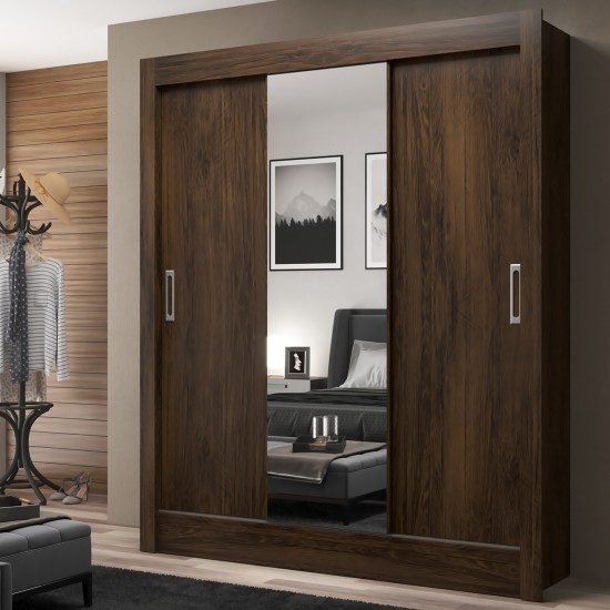 Guarda-Roupa Casal Real 3 Portas de Correr com Espelho Cor Cacau