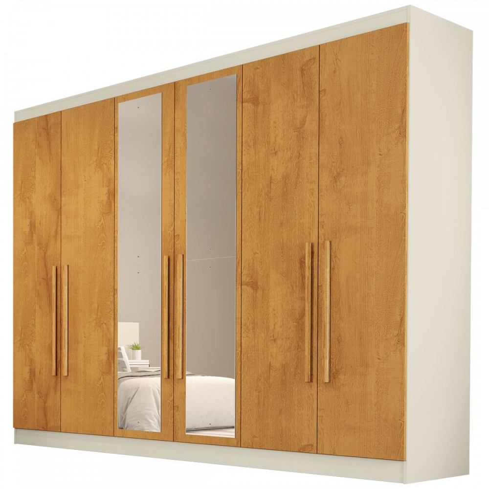Guarda-Roupa Casal Oslo 6 Portas 4 Gavetas 100% Mdf com Espelho Off White/Peroba - Mademarques