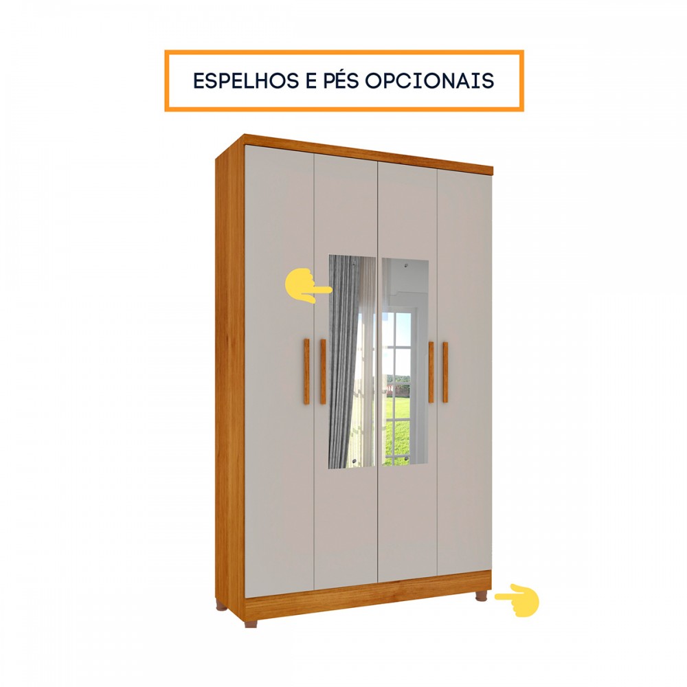 Guarda-Roupa Solteiro Amsterdam 4 Portas 2 Gavetas com Espelho Cinamomo/Off White - Tcil Móveis