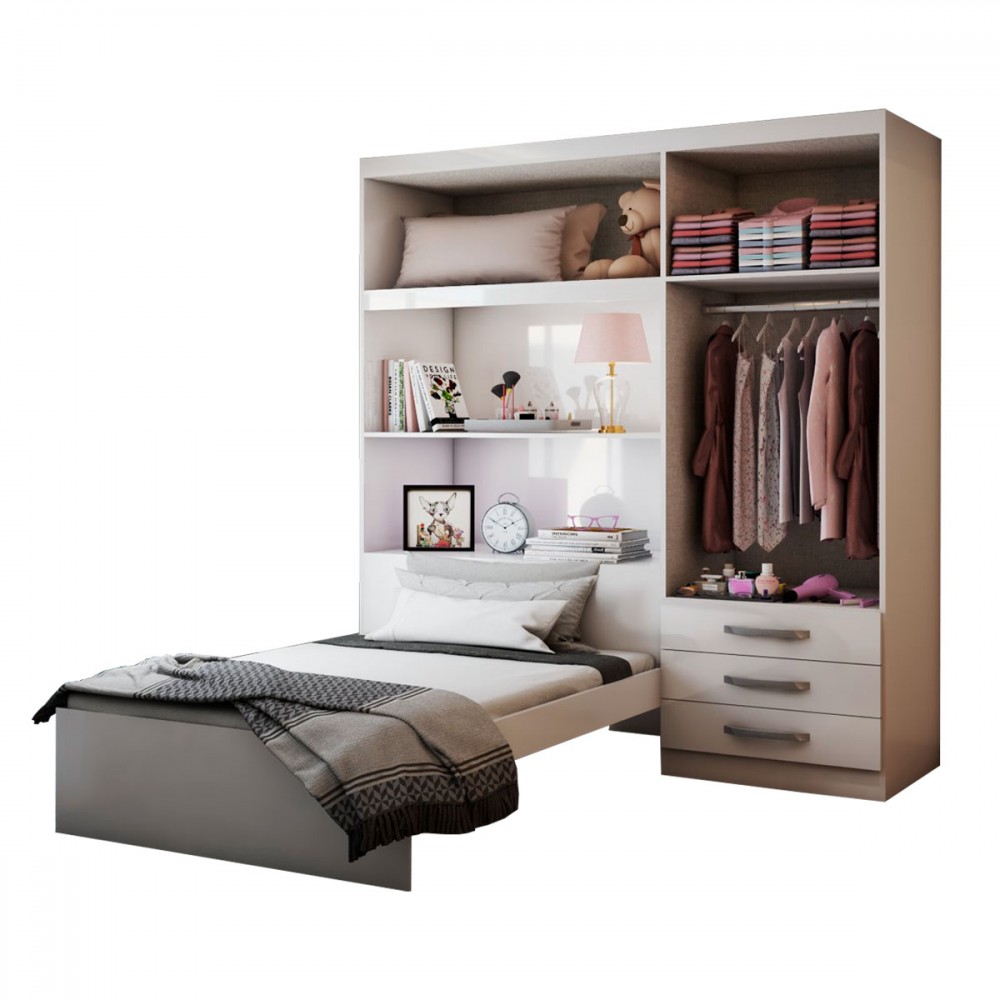 Guarda-Roupa Solteiro com Cama Liverpool 4 Portas 3 Gavetas Branco ...