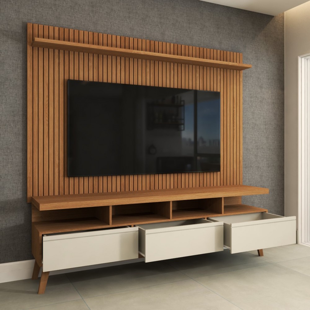 Rack com Painel para TV Até 72 Polegadas Ripado Urban 3 Gavetas Off White/Freijó - Panorama Móveis