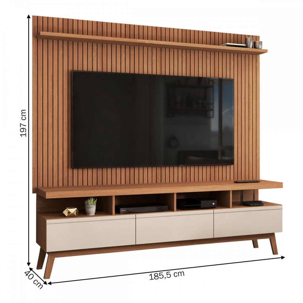 Rack com Painel para TV Até 72 Polegadas Ripado Urban 3 Gavetas Off White/Freijó - Panorama Móveis