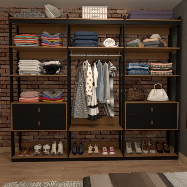 Closet Industrial Marseille 4 Gavetas 6 Prateleiras 1 Cabideiro Black/Brise - Panorama Móveis