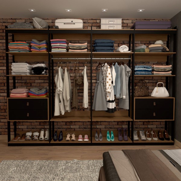 Closet Industrial Marseille 4 Gavetas 8 Prateleiras 2 Cabideiros Black/Brise - Panorama Móveis