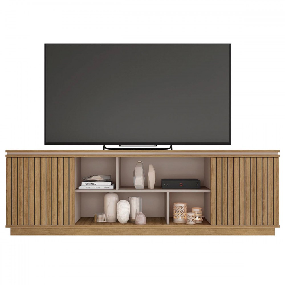 Rack para TV Até 75 Polegadas Simetria 2 Portas Ripadas Mel/Cinza - Caemmun