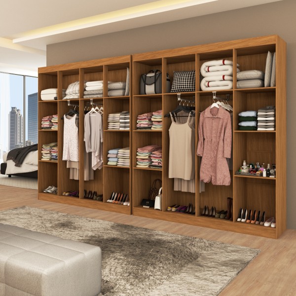 Closet Casal em L Ele e Ela 4 Metros 16 Prateleiras 4 Cabideiros Cinamomo Fosco - Panorama Móveis
