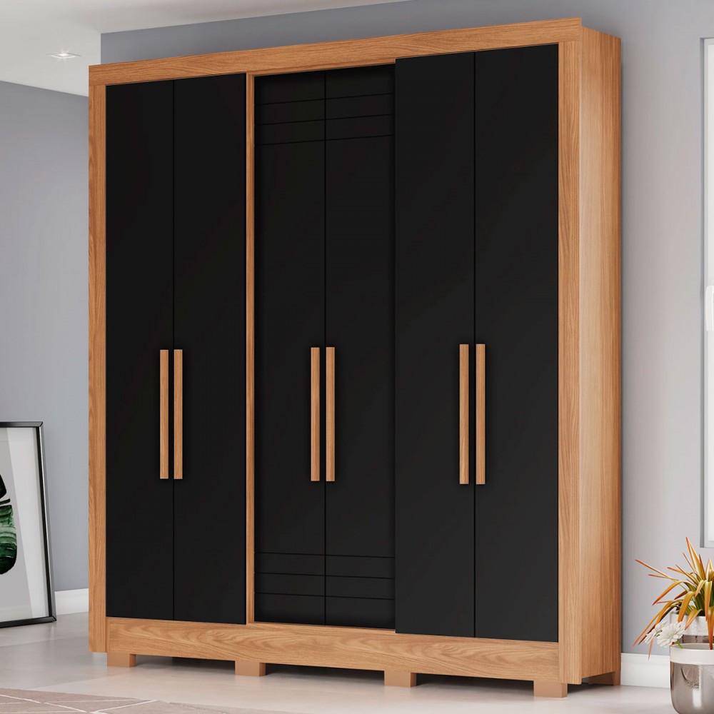 Guarda-Roupa Casal 6 Portas 3 Gavetas Nature/Preto B366 - Briz