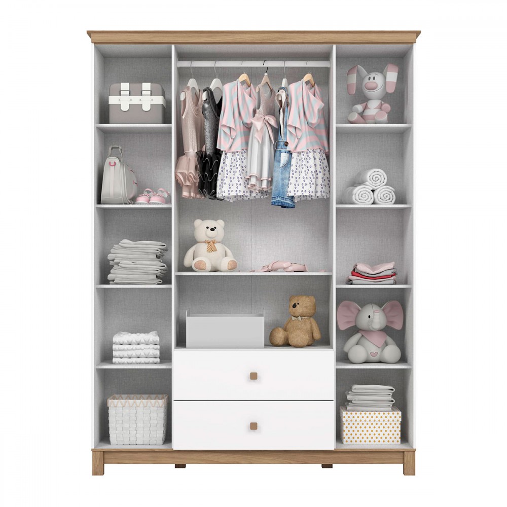 Guarda-Roupa Infantil Aconchego 4 Portas 2 Gavetas Branco/Jequitibá - Henn