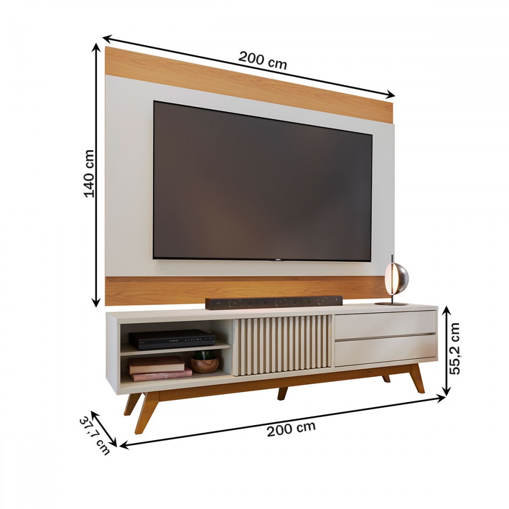 Rack com Painel para TV Até 75 Polegadas Veneza 1 Porta 2 Gavetas Off White/Freijo - Colibri