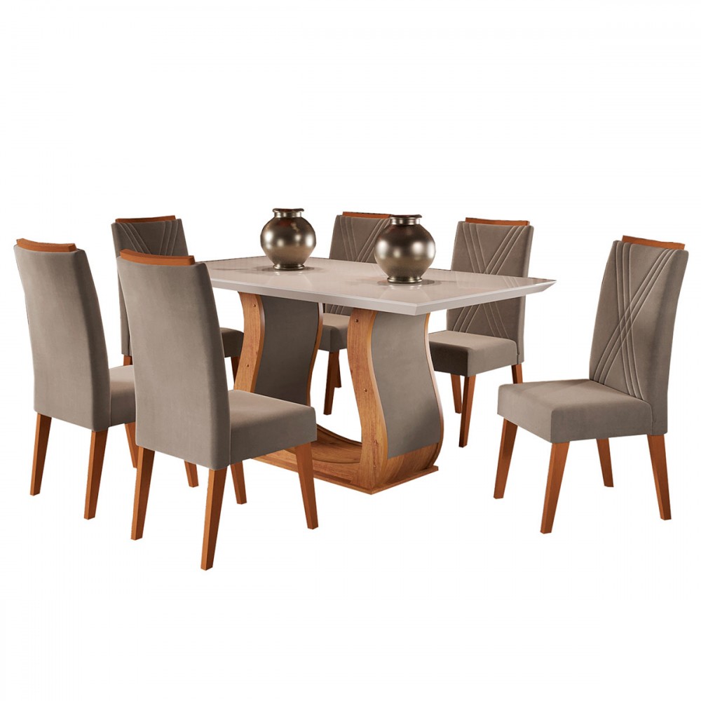 Mesa de Jantar 6 Lugares Taina com Vidro Mel/Pérola/Off White - Viero Móveis
