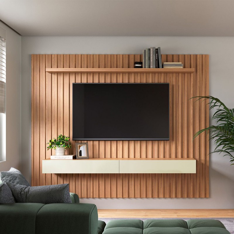 Painel para TV Até 75 Polegadas 2 Gavetas 228cm Ripado Freijó/Off White - Dalla Costa