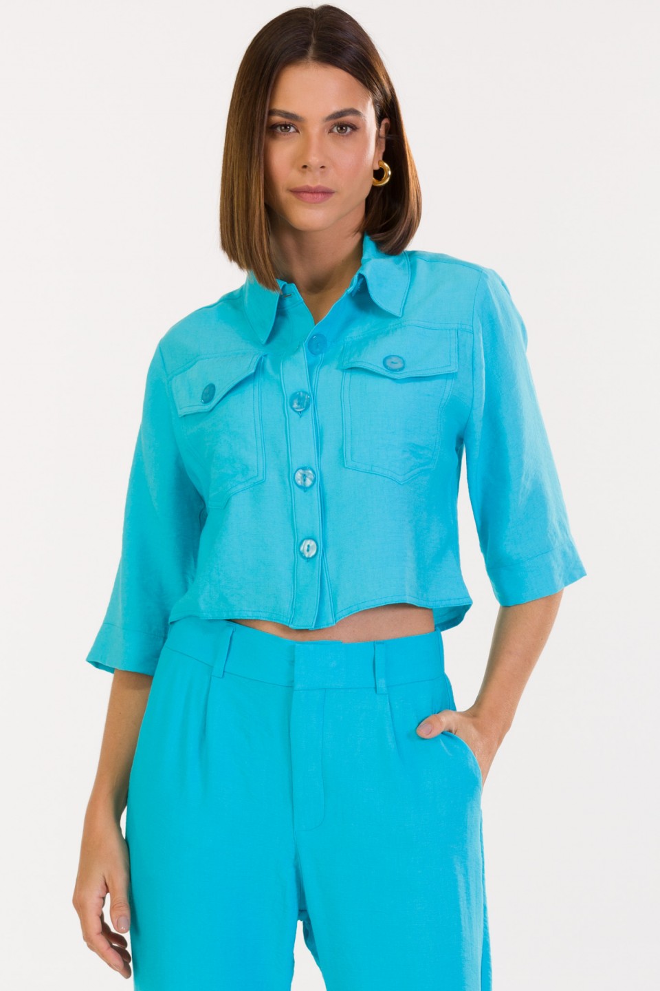 Camisa Cropped de Alfaiataria Feminina Samia Azul Royal
