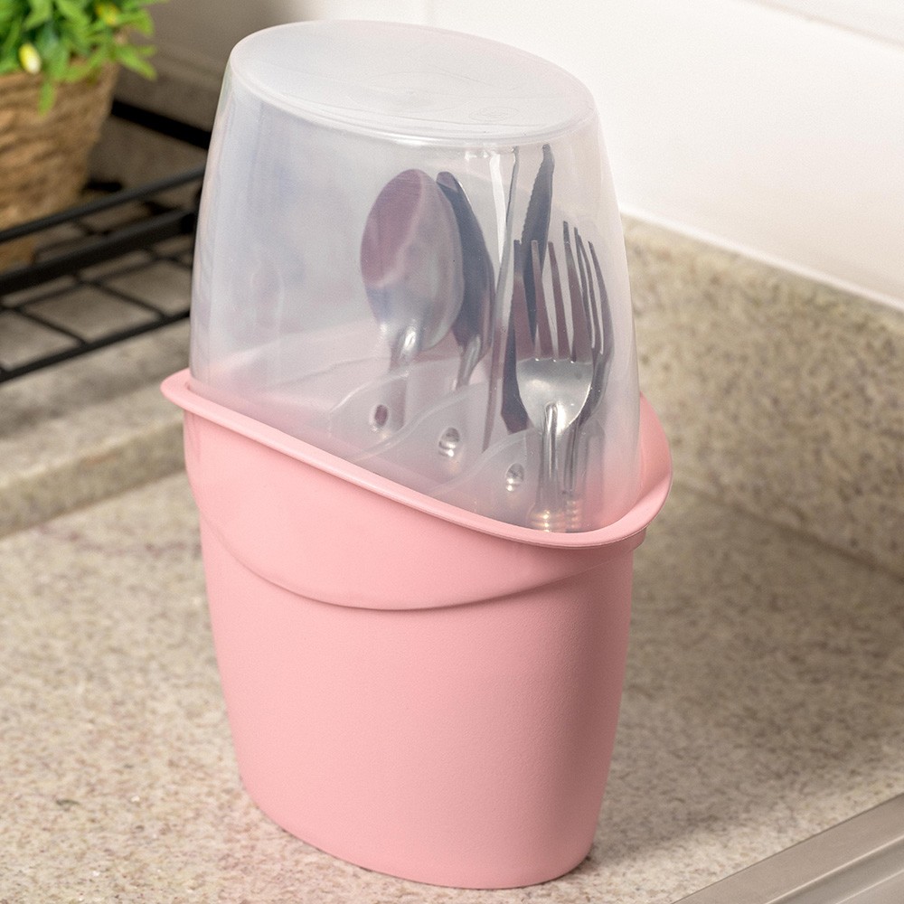 Porta Talheres Plus com Tampa Sólido Rosa